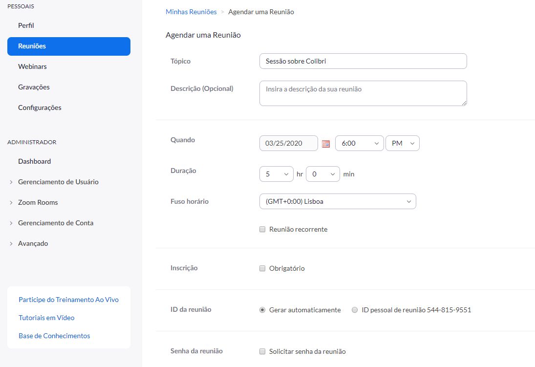 Zoom / Colibri ((video conferência)